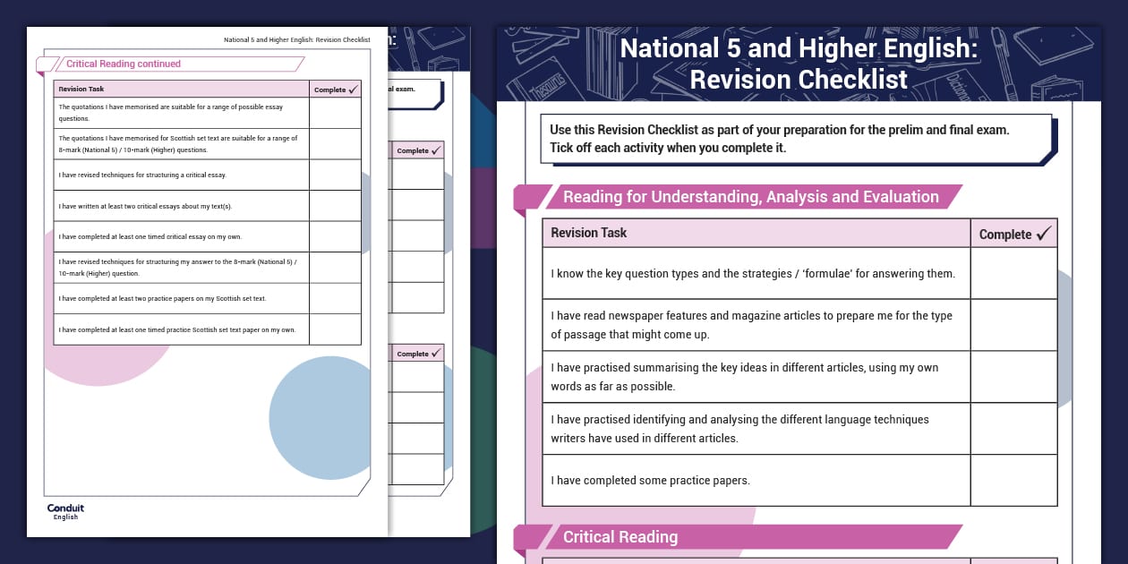 National 5 and Higher English: Revision Checklist - Twinkl