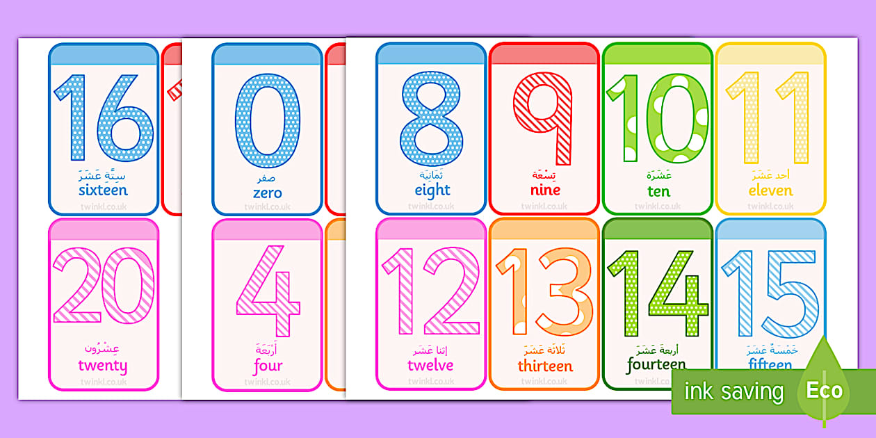 Numbers 0- 20 Flashcards Flashcards Arabic - Arabic/English - الإنجليزية