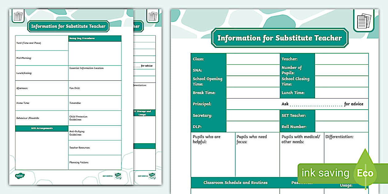 Teacher Planner: Information for Substitute (teacher made)
