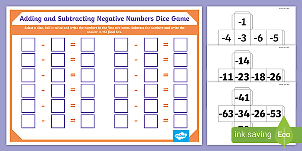Adding and Subtracting Negative Numbers Dice Game - Twinkl