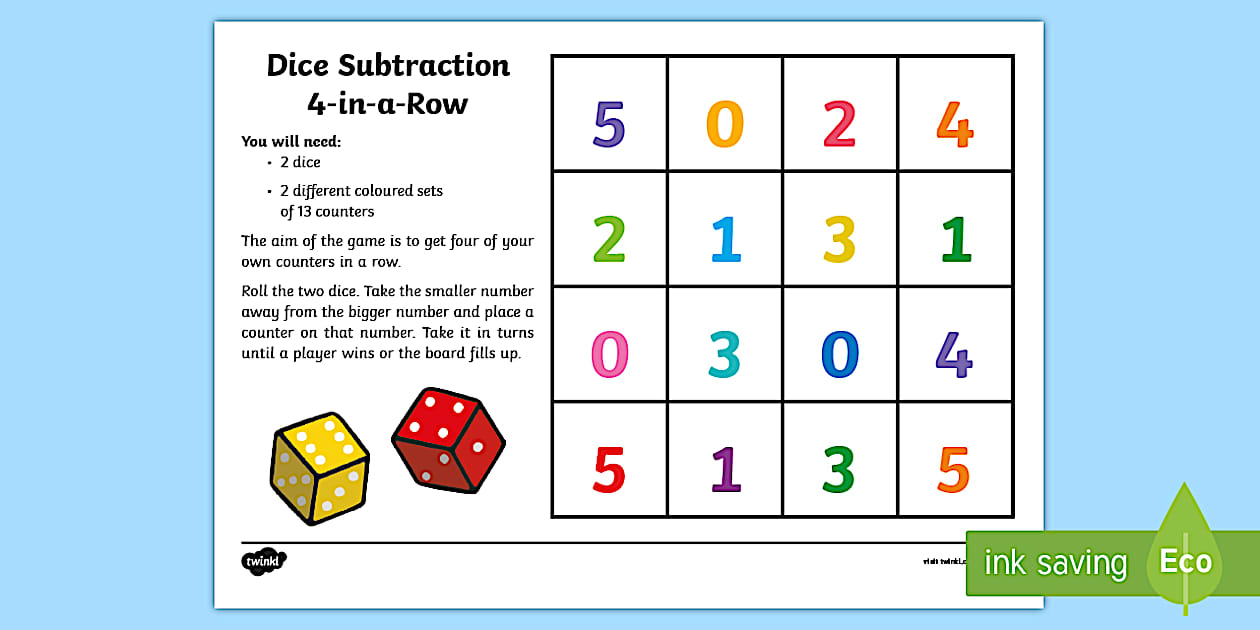 Four in a Row Dice Subtraction Game (teacher made) - Twinkl