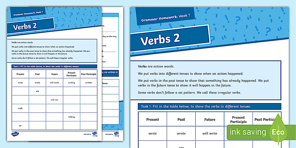 Grammar Homework Week 7 Verbs 2 3rd/4th Class (Teacher-Made)