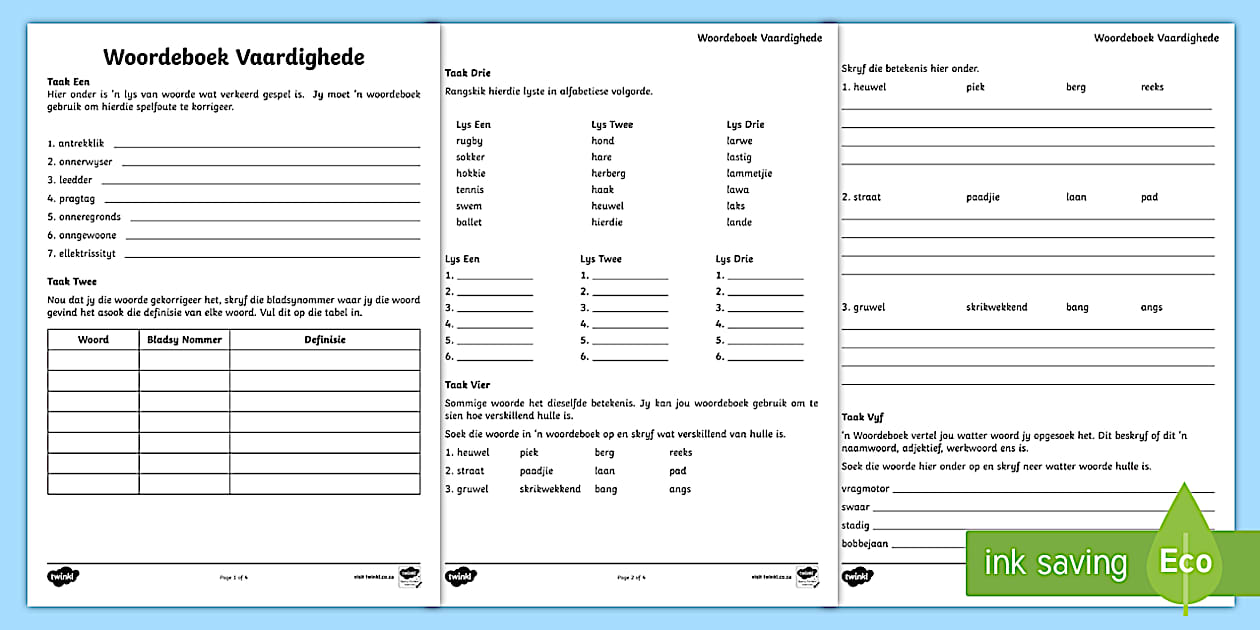 Editable Woordeboek Vaardighede Aktiwiteit - Twinkl