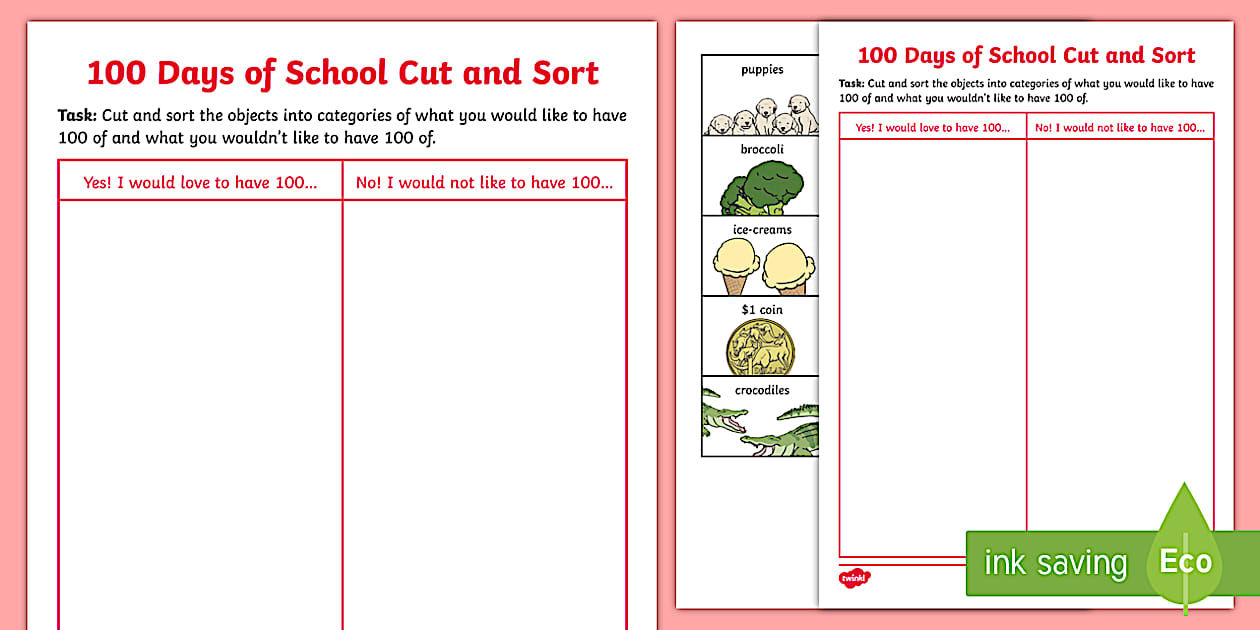 SA 100 Days of School Sorting Worksheet (teacher made)