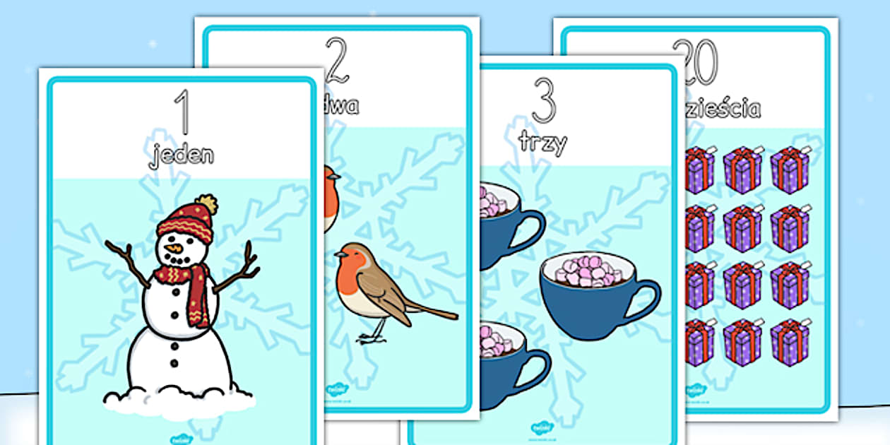 Plakat Liczby 1-20 Zima po polsku (teacher made) - Twinkl