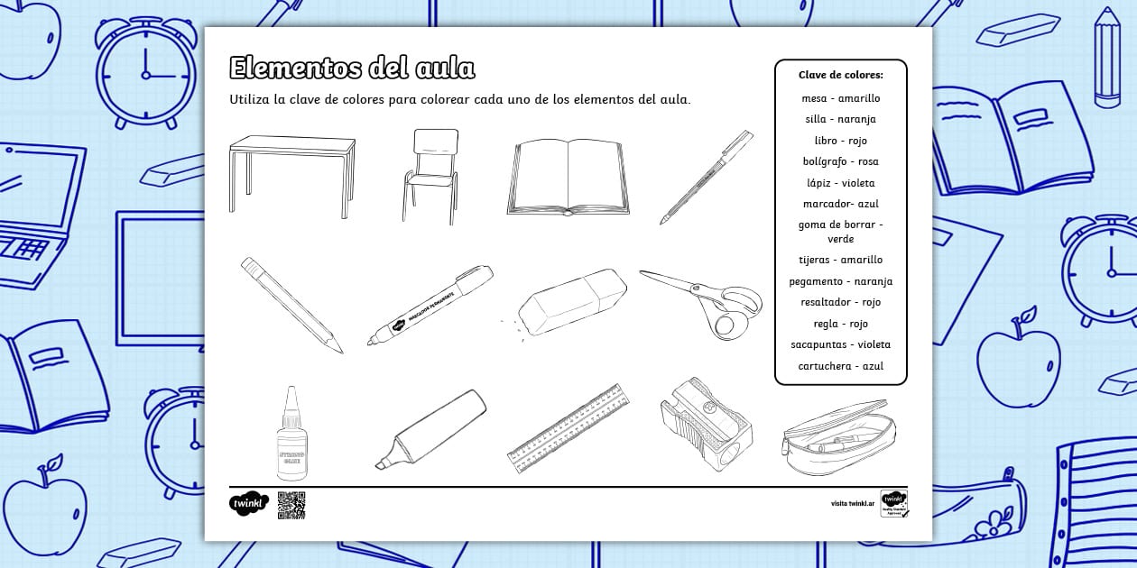 Hoja de actividad: lee y colorea (objetos escolares) -Twinkl