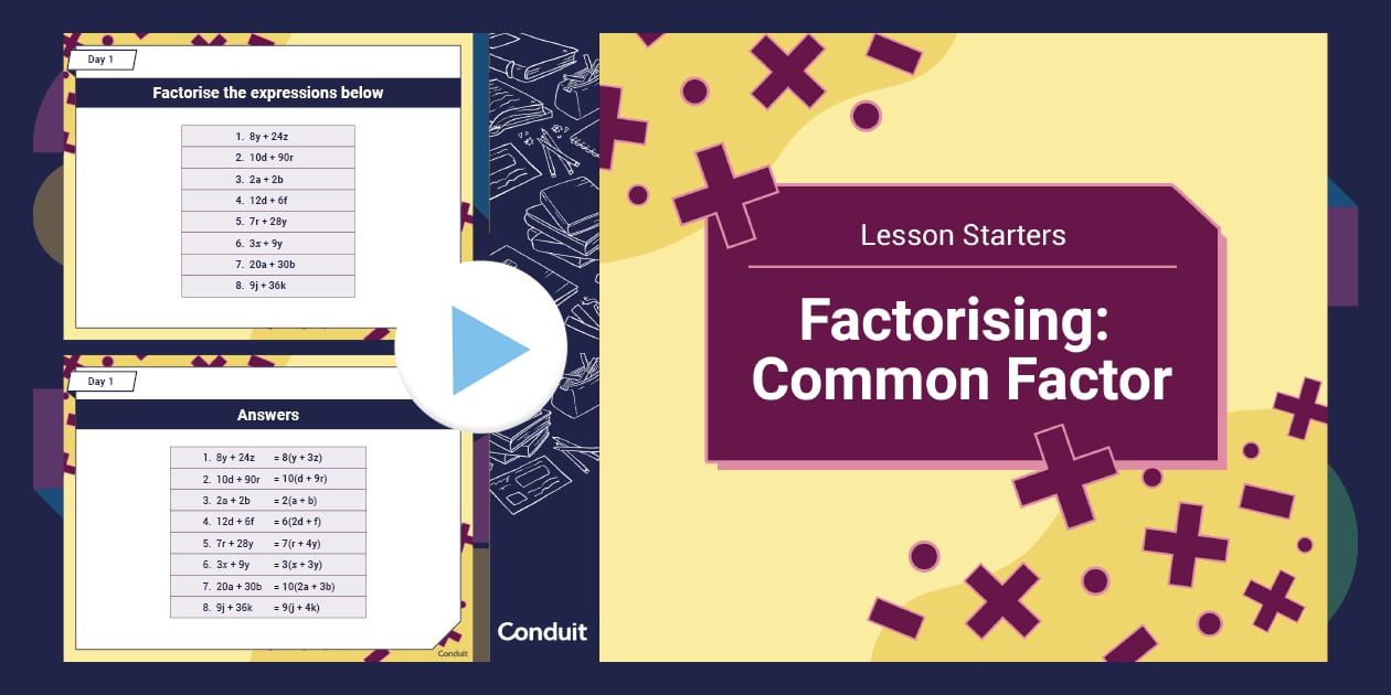 Factorising: Common Factor Five Lesson Starters PowerPoint