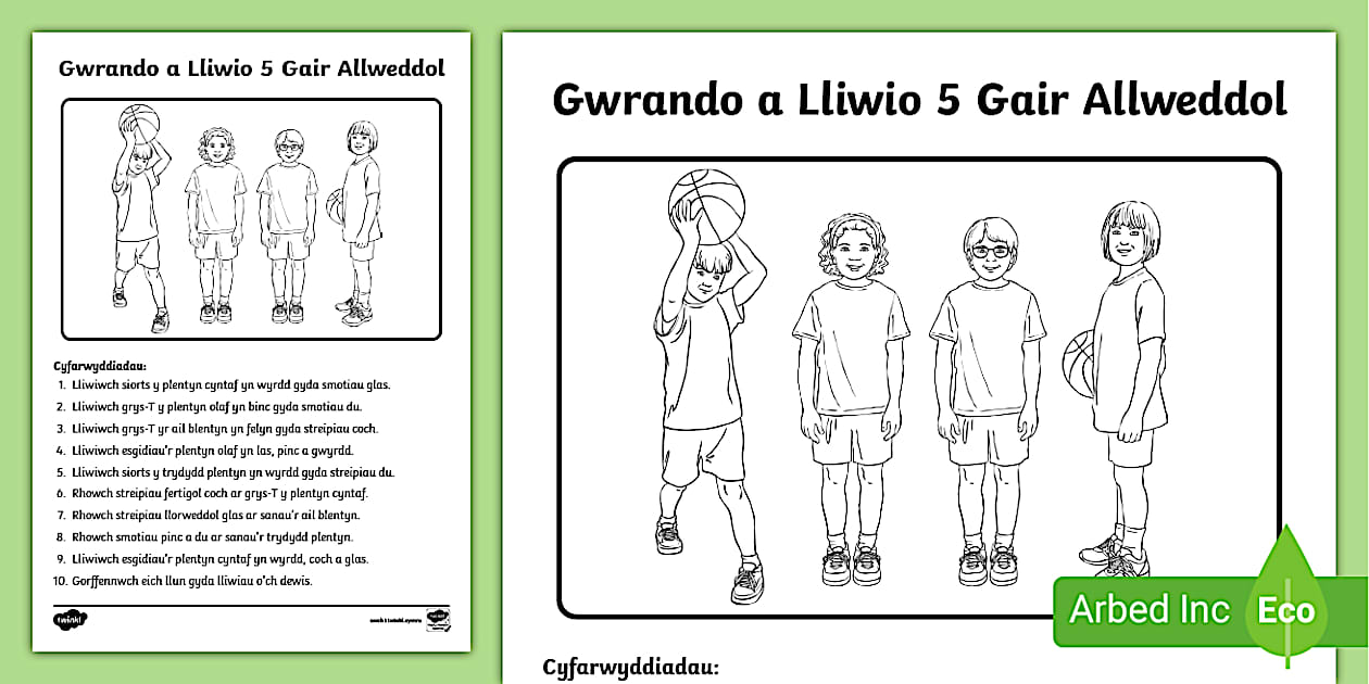 Taflen Weithgaredd Gwrando a Lliwio 5 Gair Allweddol