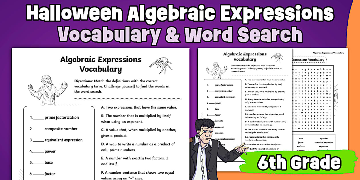 Algebraic Expressions Vocabulary and Word Search Adventure