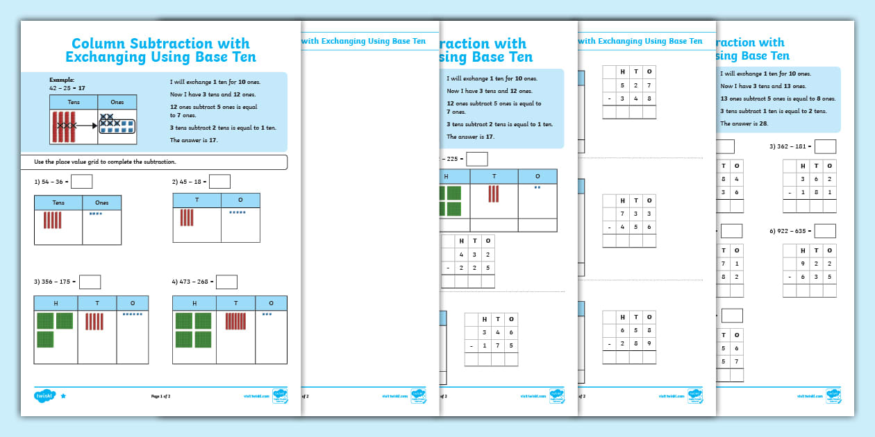 👉 Year 3 Maths Column Subtraction with Exchanging using Base Ten Worksheet