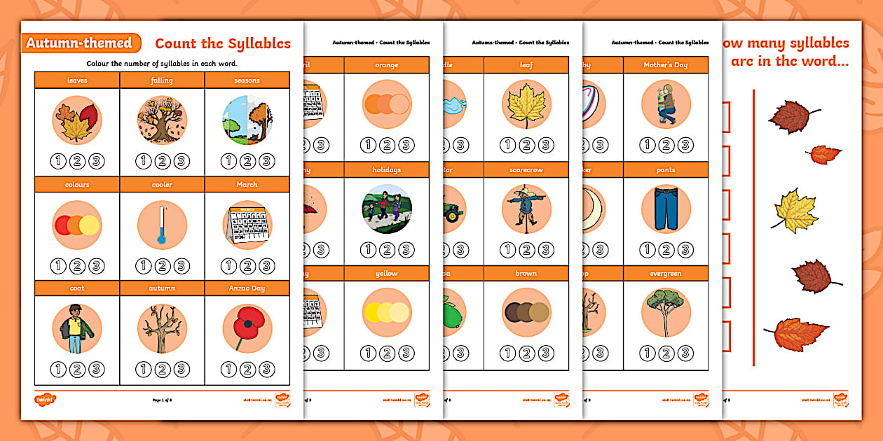 Count The Syllables Autumn-Themed Activity Sheets - Twinkl