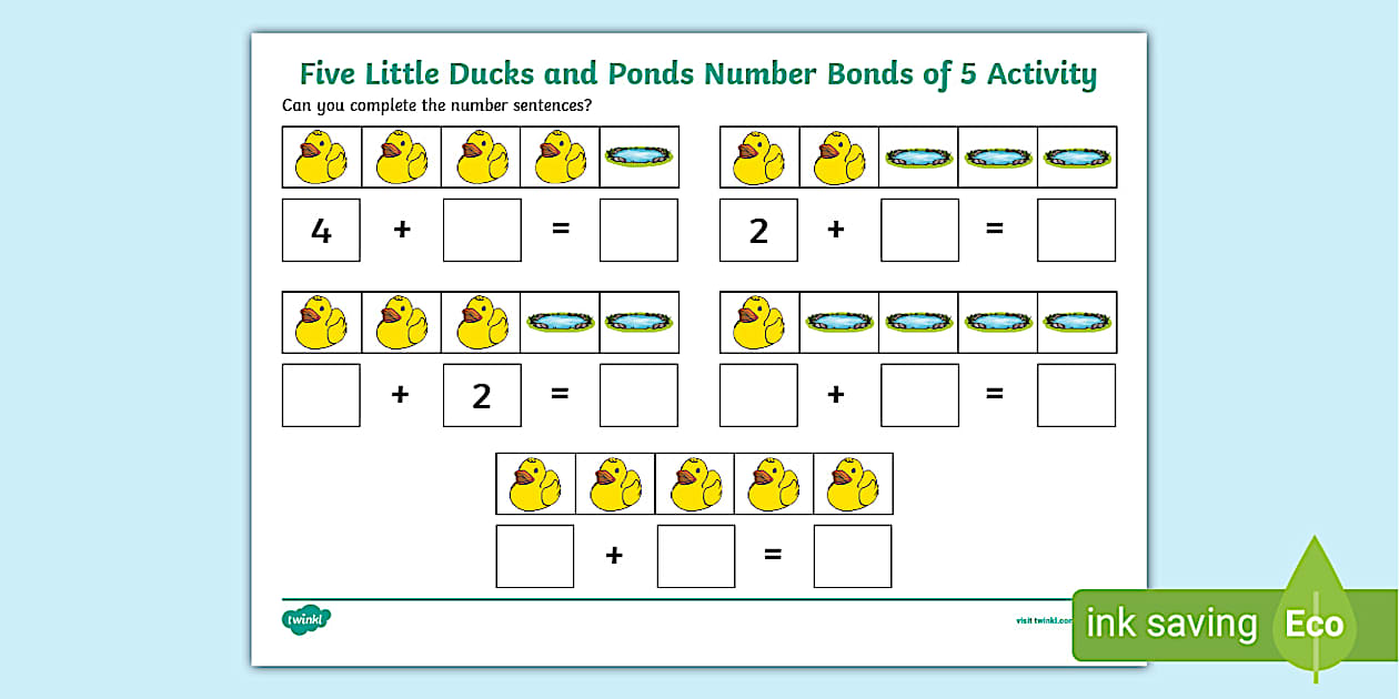 Editable Five Little Ducks and Ponds Number Bonds to 5 Activity