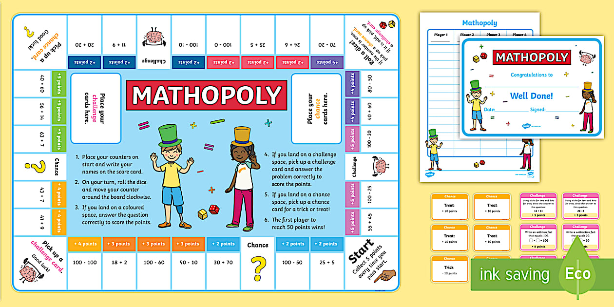 Addition and Subtraction within 100 Mathopoly Board Game