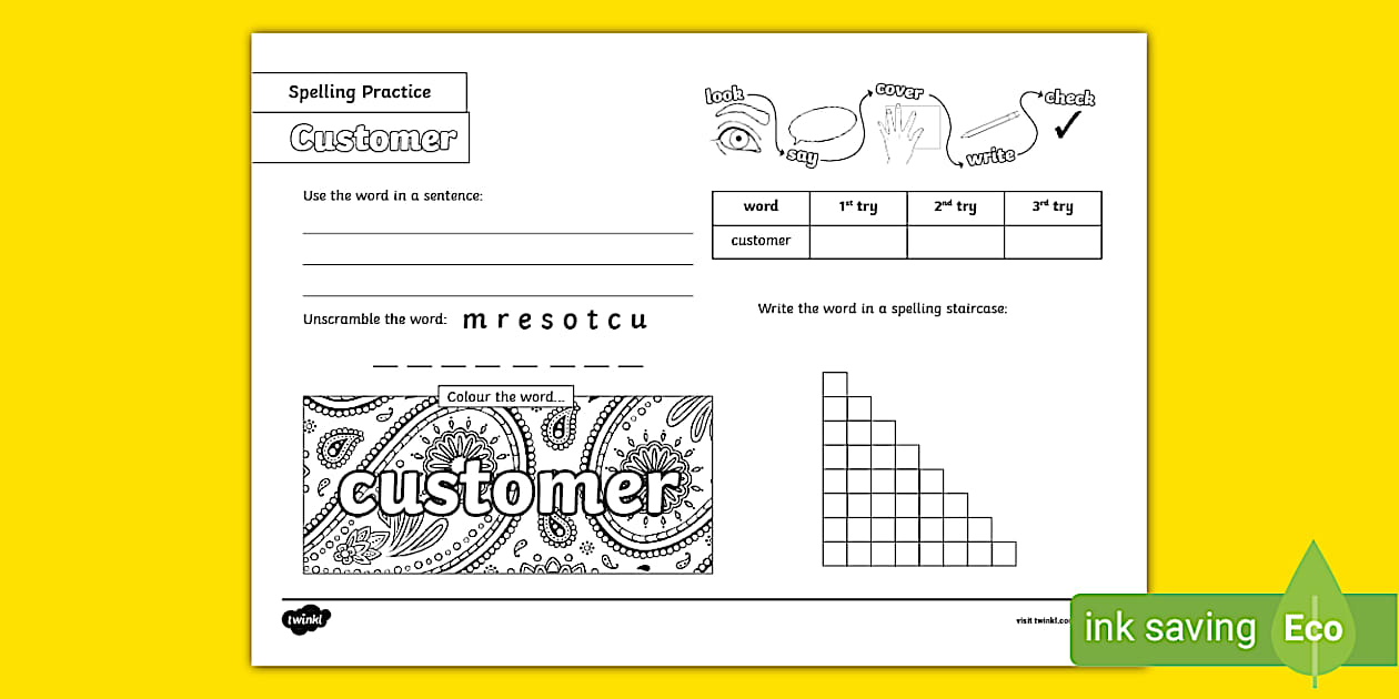 Customer Spelling Practice Worksheet (Teacher-Made) - Twinkl