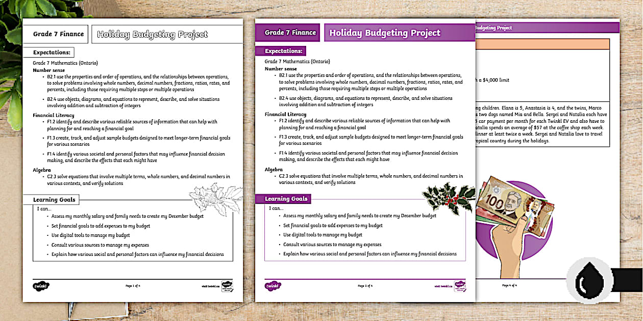 Grade 7 Finance: Holiday Budgeting Project (teacher made)