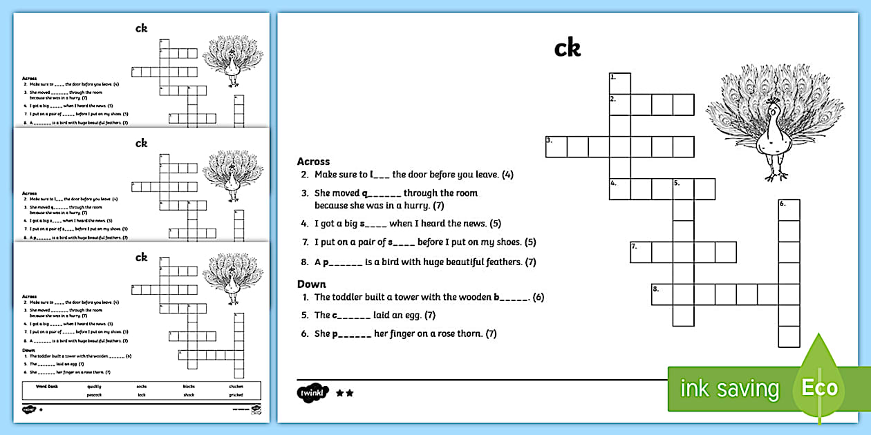 'ck' Digraph Differentiated Crossword (teacher made)