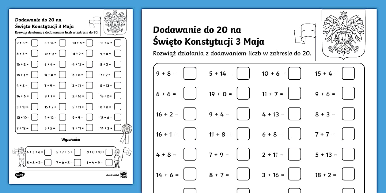 Dodawanie do 20 | Święto Konstytucji 3 Maja | Karta pracy