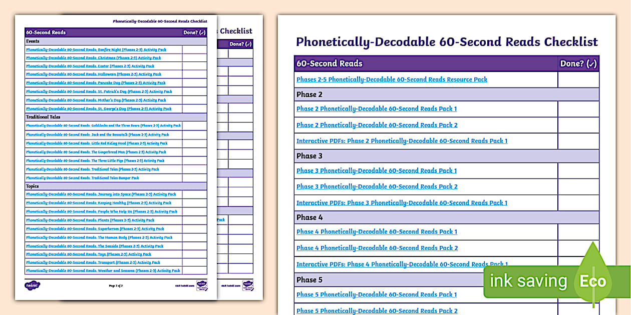 Phonetically-Decodable 60-Second Reads Checklist - Twinkl