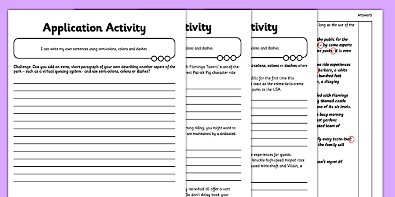 Editable Semi-Colons, Colons and Dashes Application Worksheet