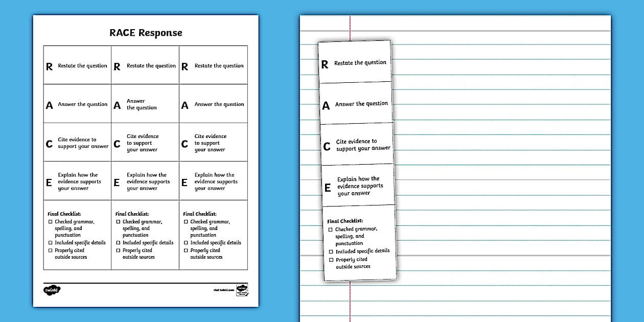 RACE Response Structure Strips for 6th-8th Grade - Twinkl