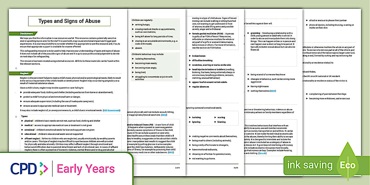 safeguarding - signs and types of abuse handout - Twinkl