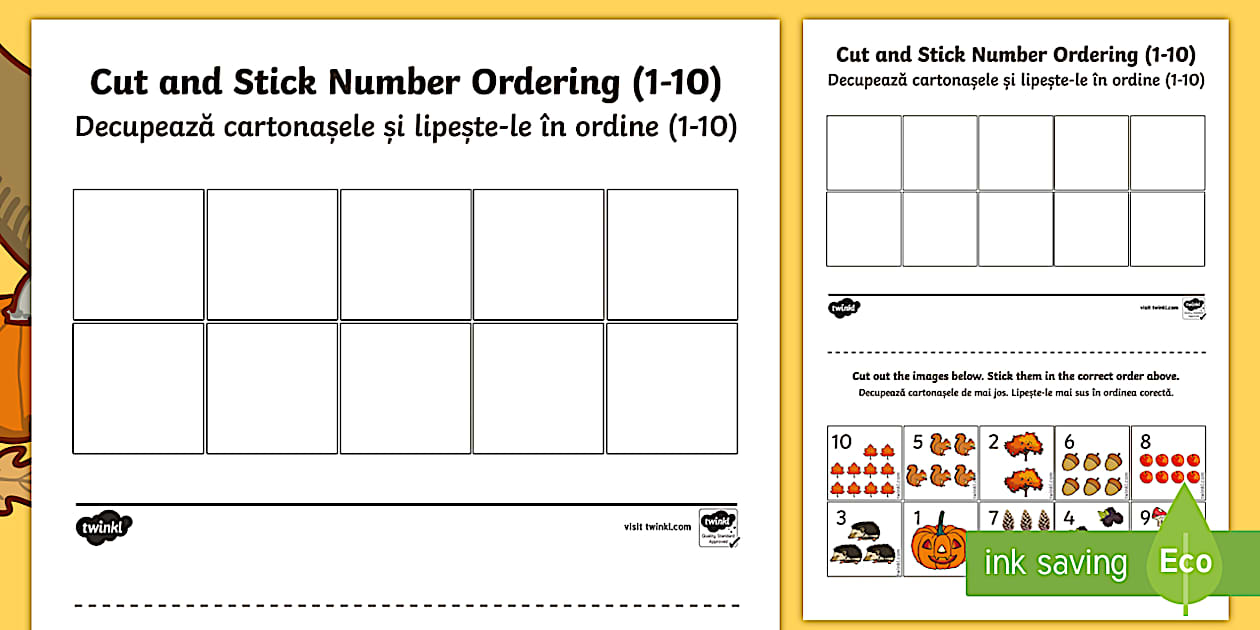 Autumn Themed Cut and Stick Number Ordering 1-10 Worksheet / Worksheets