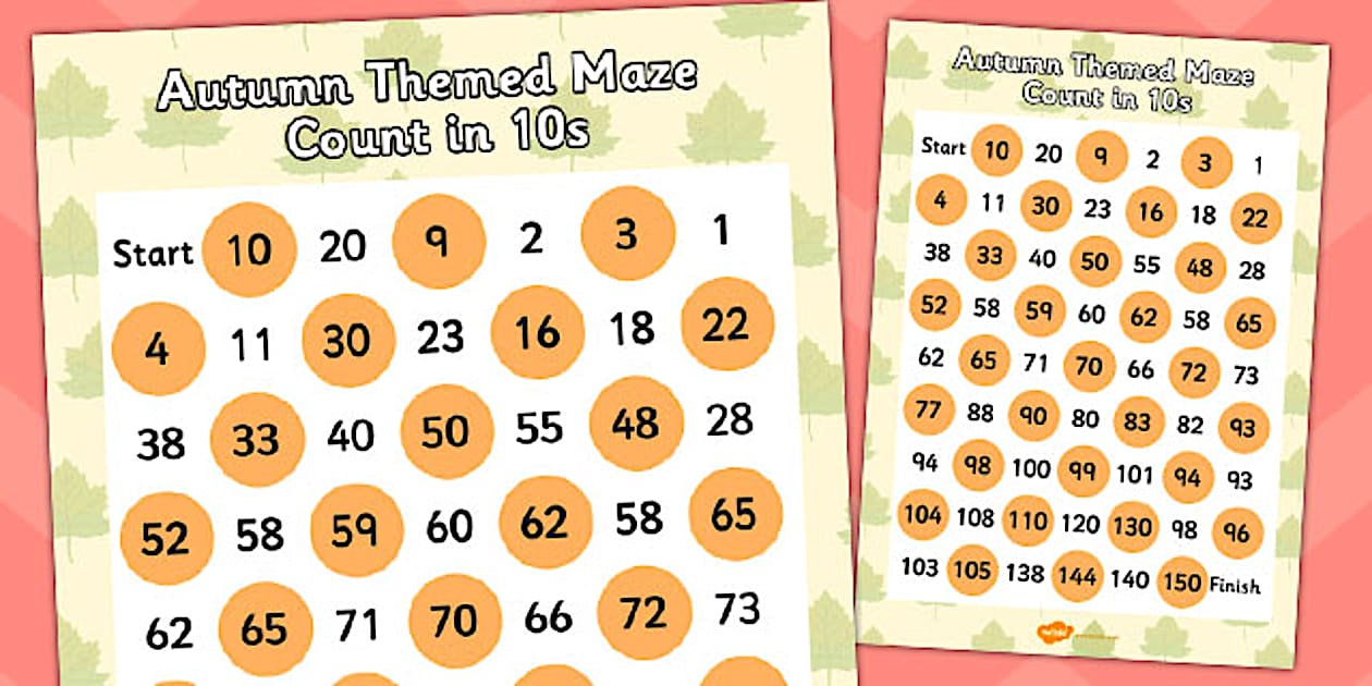 Autumn Themed Counting in 10s Maze (teacher made) - Twinkl