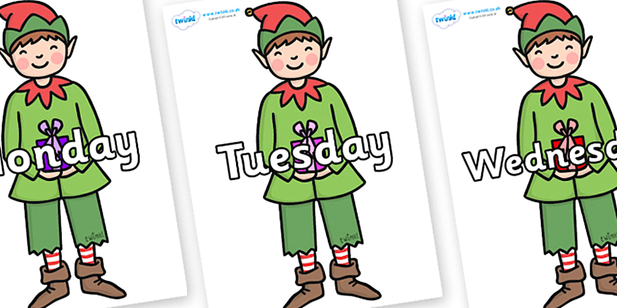 Days of the Week on Green Elf (Boy) (Teacher-Made) - Twinkl