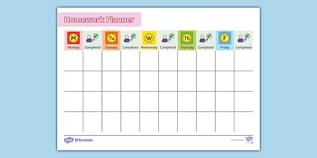 Twinkl Symbols: Older Learners: Homework Planner - Twinkl