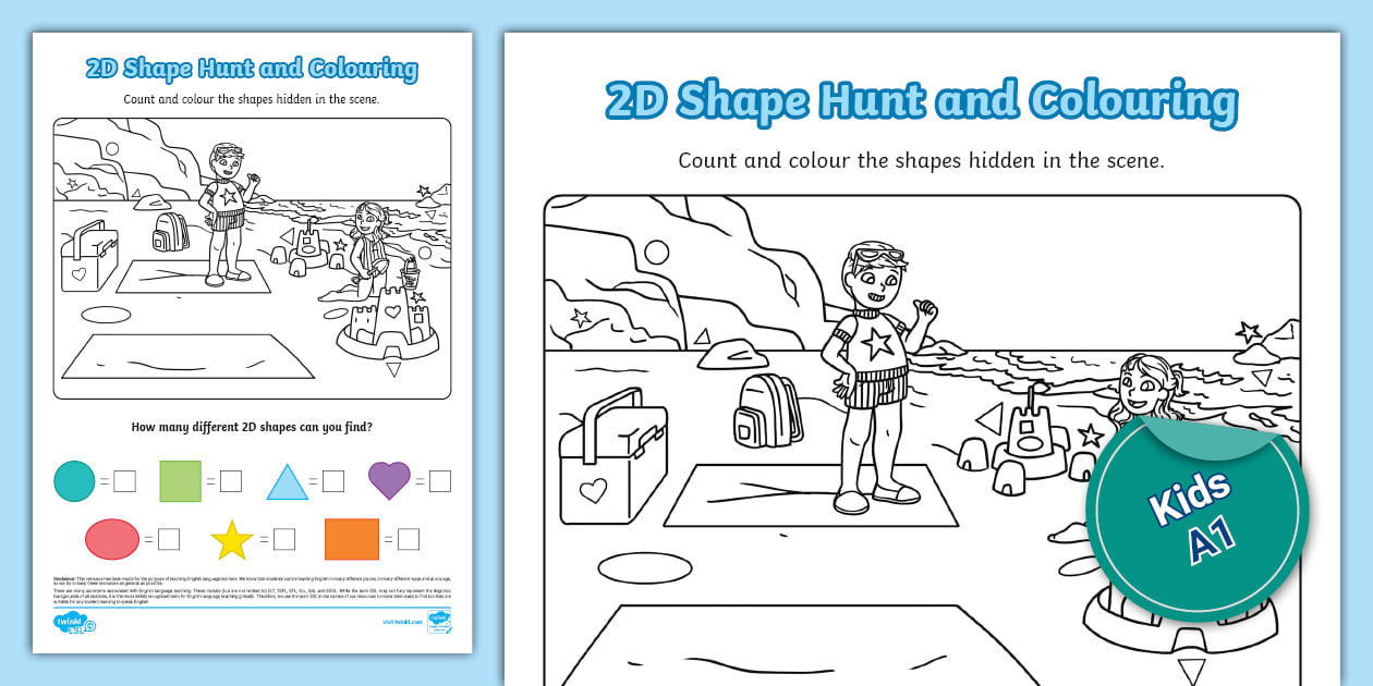 Twinkl ESL 2D Shape Hunt and Colouring Activity Sheet