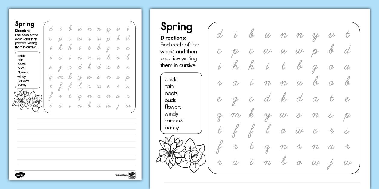 Spring Cursive Word Search and Write Worksheet - Twinkl