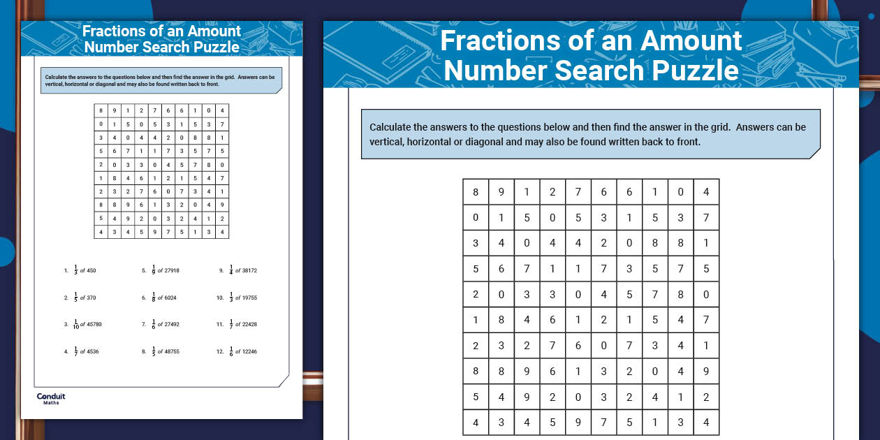 Fractions of an Amount Number Search Puzzle (Numerator = 1)