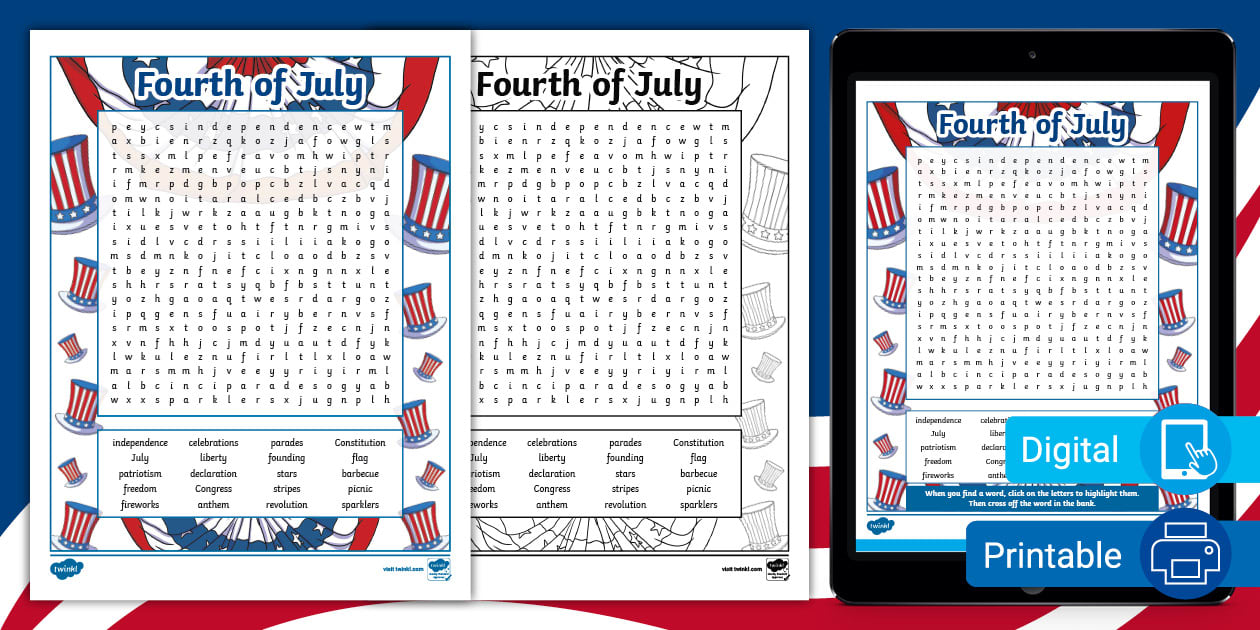 Fourth of July Word Search for 6th-8th Grade - Twinkl