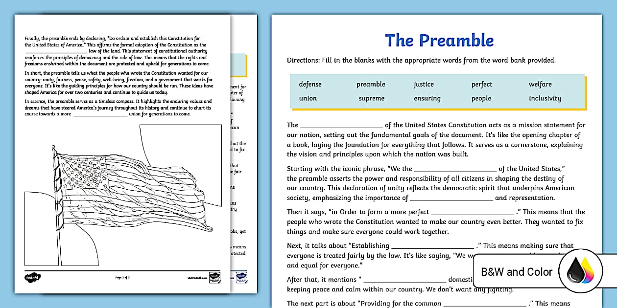Preamble Fill in the Blank Activity Worksheet for Kids | Twinkl USA