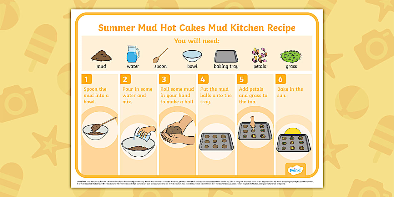 Summer Mud Hot Cakes Mud Kitchen Prompt Card Recipe | Twinkl
