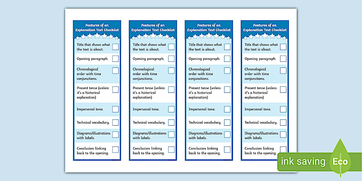 Features of an Explanation Text Checklist Bookmark - Twinkl