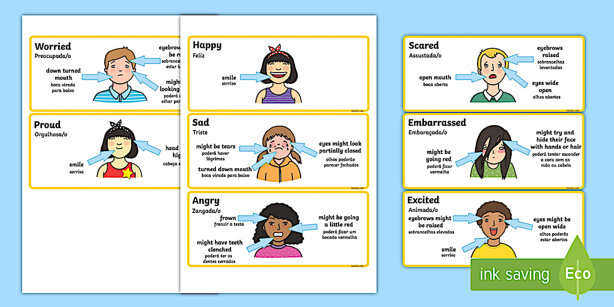 Editable Emotions Characteristics Cards English/Portuguese