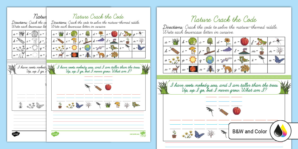 Nature Themed Cursive Crack the Code Activity - Twinkl