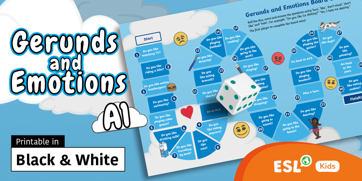 ESL Gerunds: Emotions Board Game [Kids, A1]