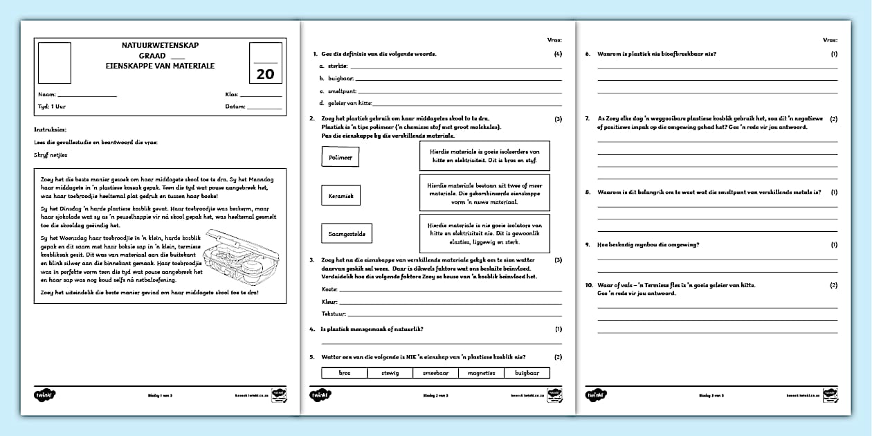 Eienskappe van Materiale Assessering Senior Fase - Twinkl