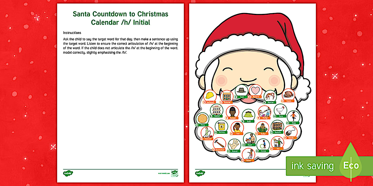 Santa Countdown to Christmas Calendar /h/ Initial Worksheet