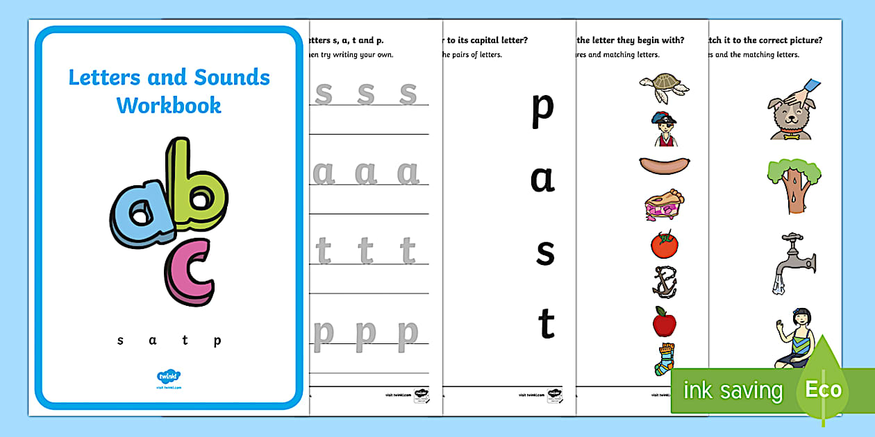Letters and Sounds Workbook | s, a, t, p phonics worksheets