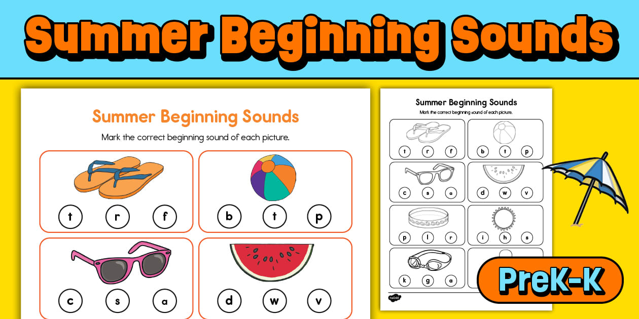 Summer Words Beginning Sounds Worksheet for PreK-K