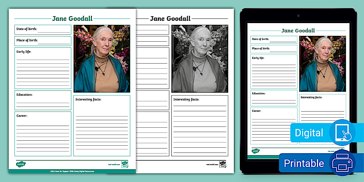 All About Jane Goodall Research and Write Worksheet - Twinkl