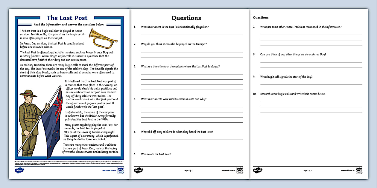 The Last Post Reading Comprehension - Twinkl