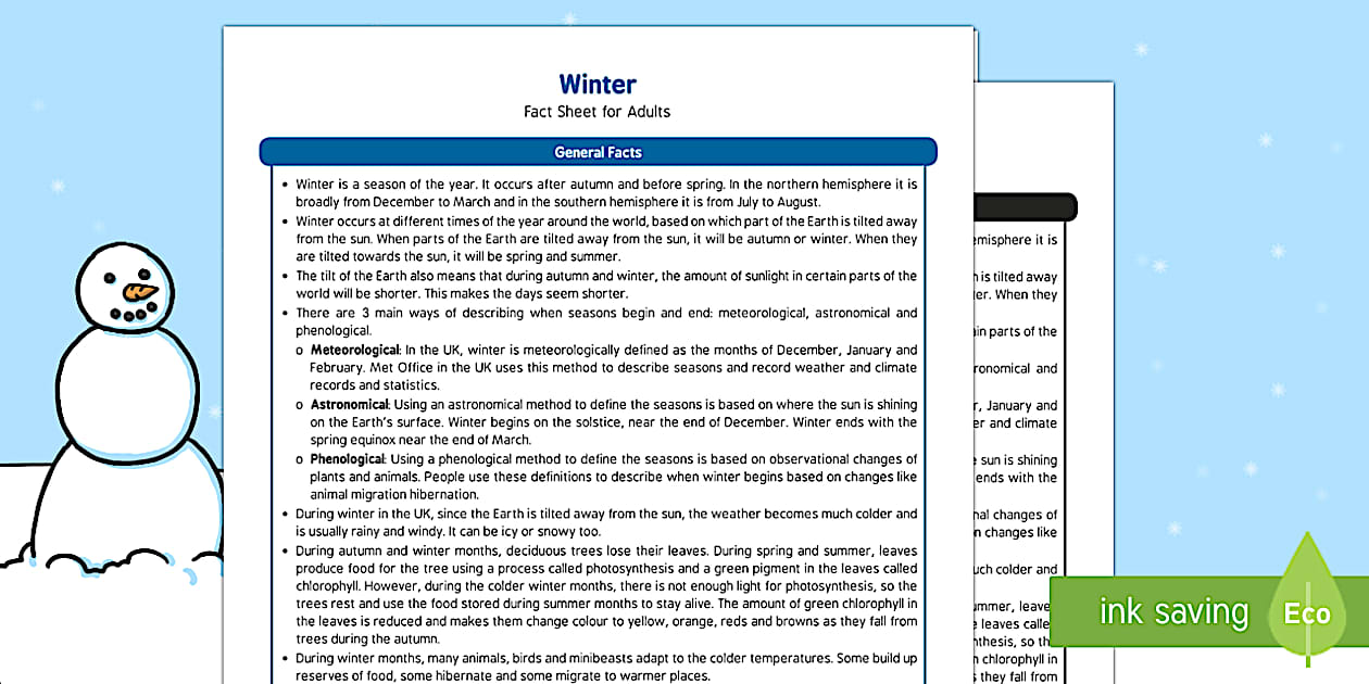 Winter Fact Sheet for Adults (Teacher-Made) - Twinkl