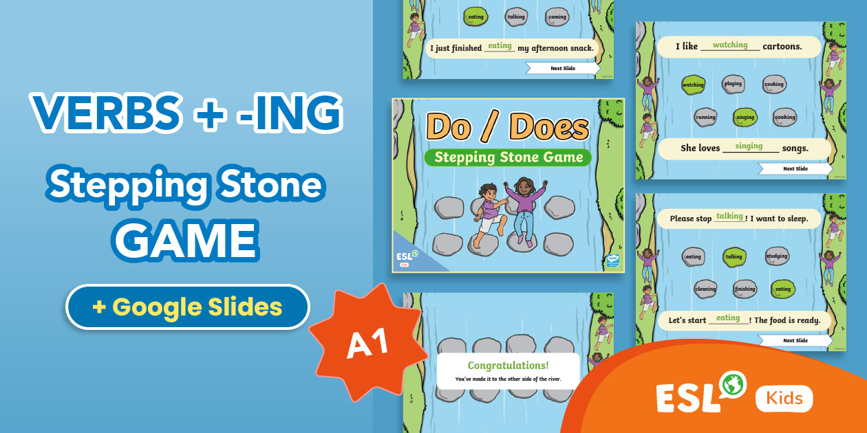 ESL Verbs + -ing Stepping Stone Game [Kids, A1]