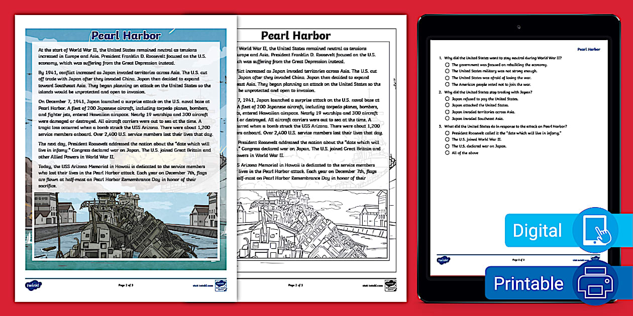 Sixth Grade Pearl Harbor Reading Passage Comprehension Worksheet