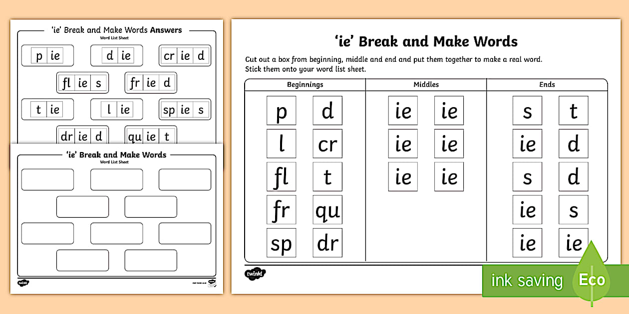 'ie' as in 'pie' Sound Break and Make Worksheet - Twinkl