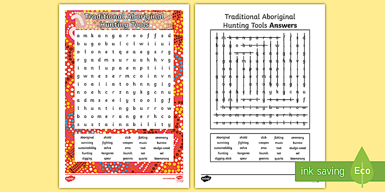Aboriginal Word Search - Traditional Hunting Tools - Twinkl